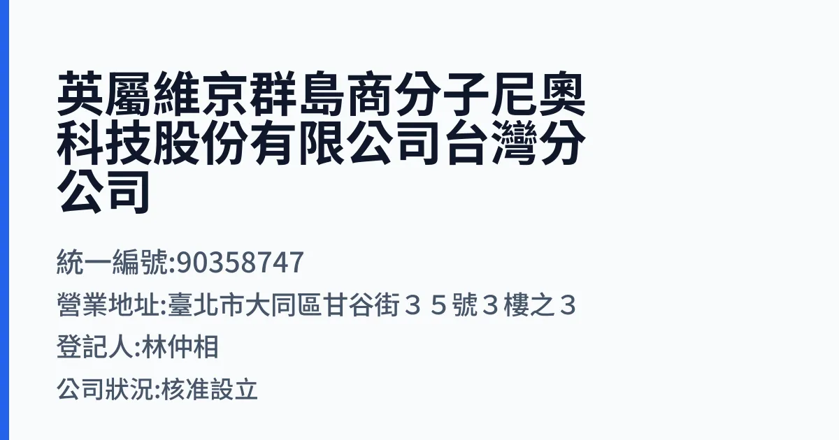 英屬維京群島商分子尼奧科技股份有限公司台灣分公司 - 統編 90358747(臺北市) 公司登記資料與營業項目詳細圖表