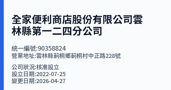 全家便利商店股份有限公司雲林縣第一二四分公司的照片-統編 90358824(雲林縣) 公司登記資料與營業項目詳細圖表