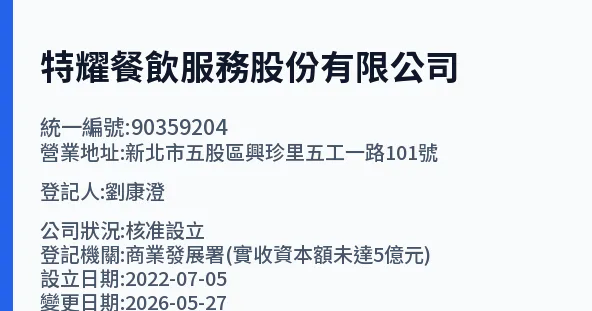 特耀餐飲服務股份有限公司的照片-統編 90359204(新北市) 公司登記資料與營業項目詳細圖表
