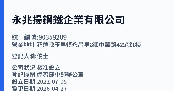 永兆揚鋼鐵企業有限公司的照片-統編 90359289(花蓮縣) 公司登記資料與營業項目詳細圖表