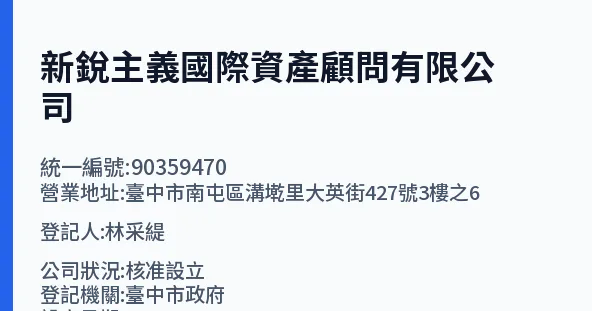 新銳主義國際資產顧問有限公司的照片-統編 90359470(臺中市) 公司登記資料與營業項目詳細圖表