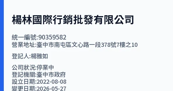 楊林國際行銷批發有限公司的照片-統編 90359582(臺中市) 公司登記資料與營業項目詳細圖表