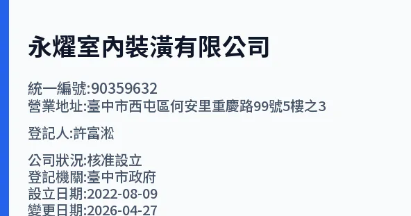 永燿室內裝潢有限公司的照片-統編 90359632(臺中市) 公司登記資料與營業項目詳細圖表