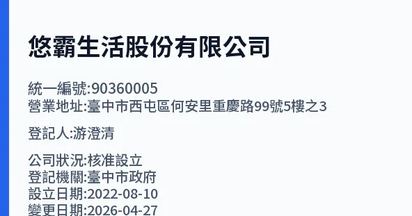 悠霸生活股份有限公司的照片-統編 90360005(臺中市) 公司登記資料與營業項目詳細圖表