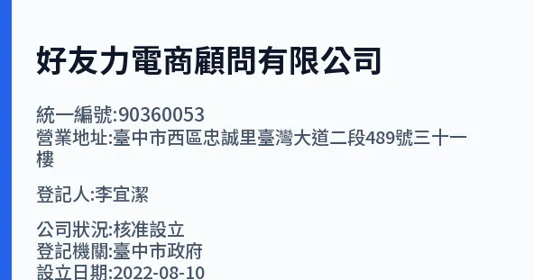 好友力電商顧問有限公司的照片-統編 90360053(臺中市) 公司登記資料與營業項目詳細圖表