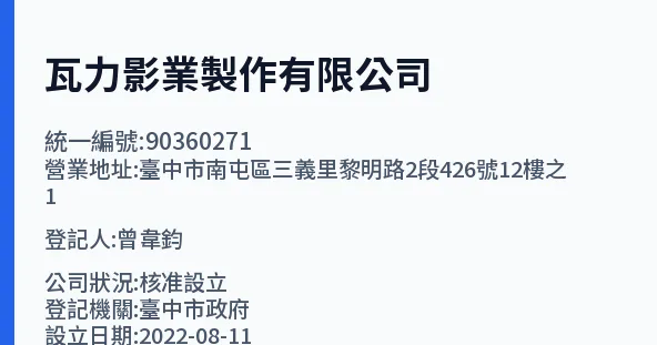 瓦力影業製作有限公司的照片-統編 90360271(臺中市) 公司登記資料與營業項目詳細圖表