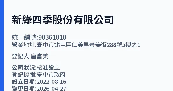 新綠四季股份有限公司的照片-統編 90361010(臺中市) 公司登記資料與營業項目詳細圖表