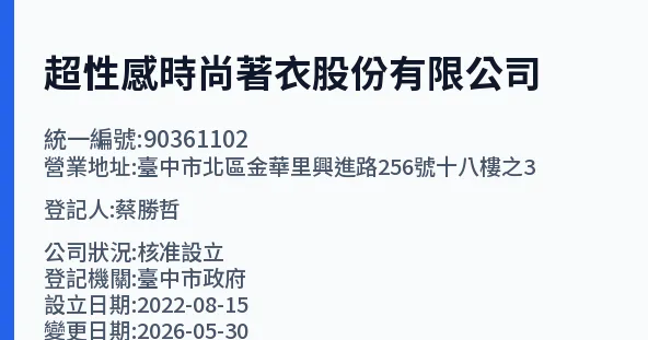 超性感時尚著衣股份有限公司的照片-統編 90361102(臺中市) 公司登記資料與營業項目詳細圖表