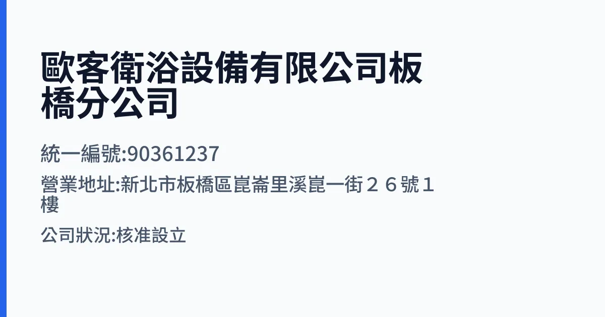 歐客衛浴設備有限公司板橋分公司 - 統編 90361237(新北市) 公司登記資料與營業項目詳細圖表
