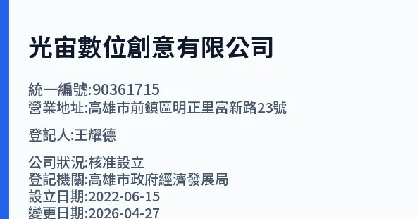 光宙數位創意有限公司的照片-統編 90361715(高雄市) 公司登記資料與營業項目詳細圖表