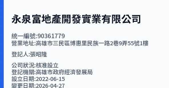 永泉富地產開發實業有限公司的照片-統編 90361779(高雄市) 公司登記資料與營業項目詳細圖表