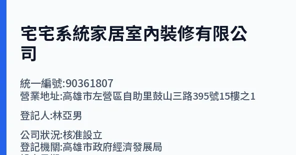 宅宅系統家居室內裝修有限公司的照片-統編 90361807(高雄市) 公司登記資料與營業項目詳細圖表