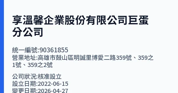 享溫馨企業股份有限公司巨蛋分公司的照片-統編 90361855(高雄市) 公司登記資料與營業項目詳細圖表