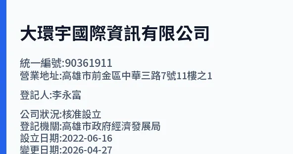 大環宇國際資訊有限公司的照片-統編 90361911(高雄市) 公司登記資料與營業項目詳細圖表
