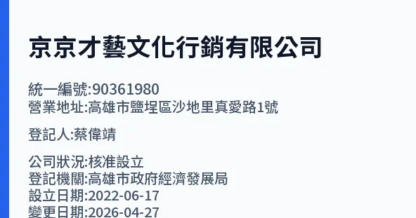 京京才藝文化行銷有限公司的照片-統編 90361980(高雄市) 公司登記資料與營業項目詳細圖表