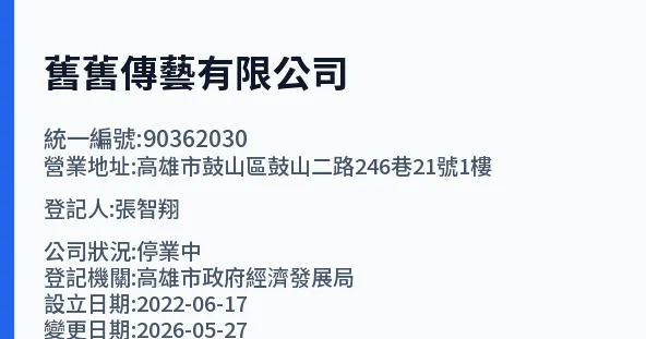 舊舊傳藝有限公司的照片-統編 90362030(高雄市) 公司登記資料與營業項目詳細圖表