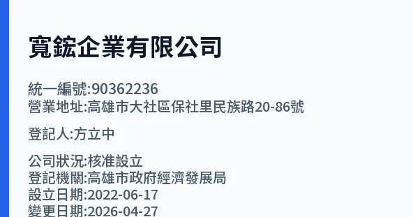 寬鋐企業有限公司的照片-統編 90362236(高雄市) 公司登記資料與營業項目詳細圖表