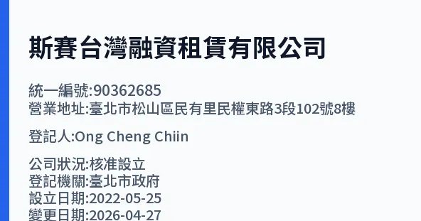 斯賽台灣融資租賃有限公司的照片-統編 90362685(臺北市) 公司登記資料與營業項目詳細圖表