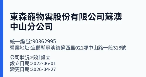 東森寵物雲股份有限公司蘇澳中山分公司的照片-統編 90362995(宜蘭縣) 公司登記資料與營業項目詳細圖表