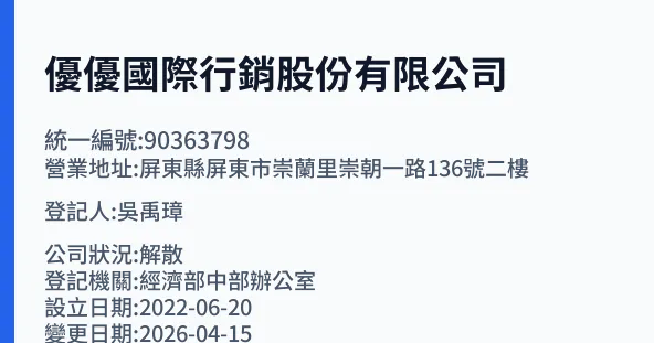 優優國際行銷股份有限公司的照片-統編 90363798(屏東縣) 公司登記資料與營業項目詳細圖表