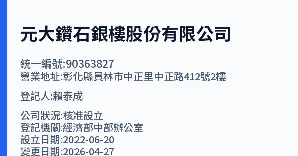 元大鑽石銀樓股份有限公司的照片-統編 90363827(彰化縣) 公司登記資料與營業項目詳細圖表