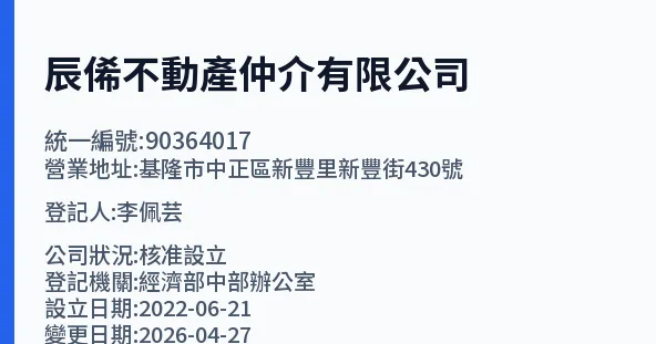辰俙不動產仲介有限公司的照片-統編 90364017(基隆市) 公司登記資料與營業項目詳細圖表