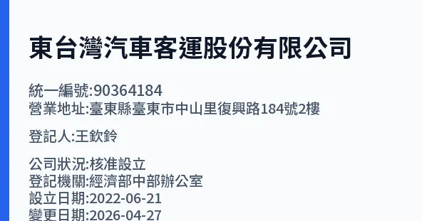 東台灣汽車客運股份有限公司的照片-統編 90364184(臺東縣) 公司登記資料與營業項目詳細圖表