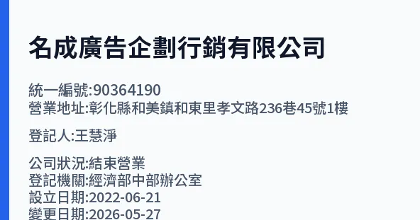 名成廣告企劃行銷有限公司的照片-統編 90364190(彰化縣) 公司登記資料與營業項目詳細圖表