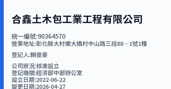 合鑫土木包工業工程有限公司的照片-統編 90364570(彰化縣) 公司登記資料與營業項目詳細圖表