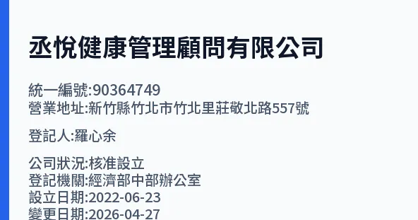 丞悅健康管理顧問有限公司的照片-統編 90364749(新竹縣) 公司登記資料與營業項目詳細圖表