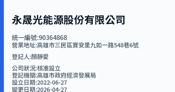永晟光能源股份有限公司的照片-統編 90364868(高雄市) 公司登記資料與營業項目詳細圖表