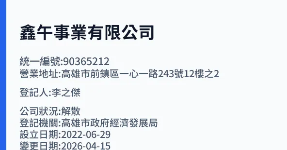鑫午事業有限公司的照片-統編 90365212(高雄市) 公司登記資料與營業項目詳細圖表