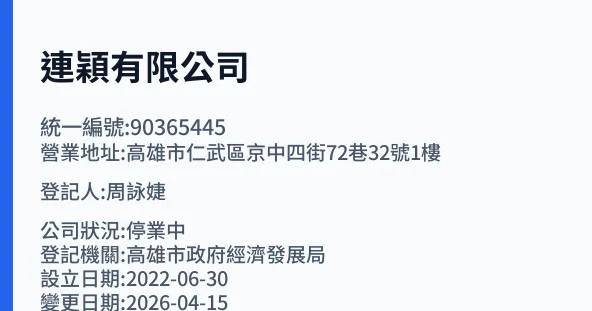 連穎有限公司的照片-統編 90365445(高雄市) 公司登記資料與營業項目詳細圖表