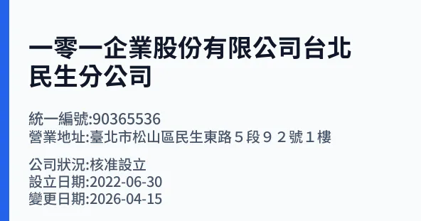 一零一企業股份有限公司台北民生分公司的照片-統編 90365536(臺北市) 公司登記資料與營業項目詳細圖表