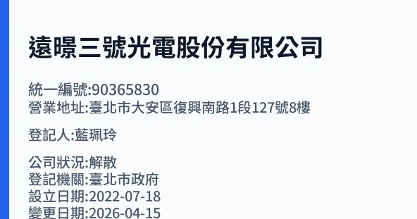 遠暻三號光電股份有限公司的照片-統編 90365830(臺北市) 公司登記資料與營業項目詳細圖表