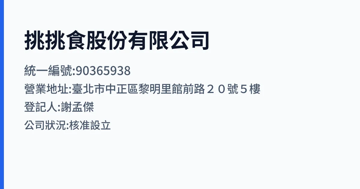 挑挑食股份有限公司 - 統編 90365938(臺北市) 公司登記資料與營業項目詳細圖表