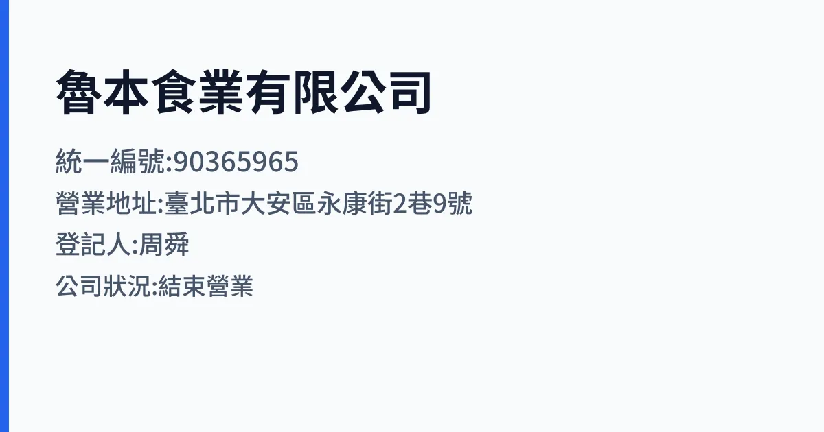 魯本食業有限公司 - 統編 90365965(臺北市) 公司登記資料與營業項目詳細圖表
