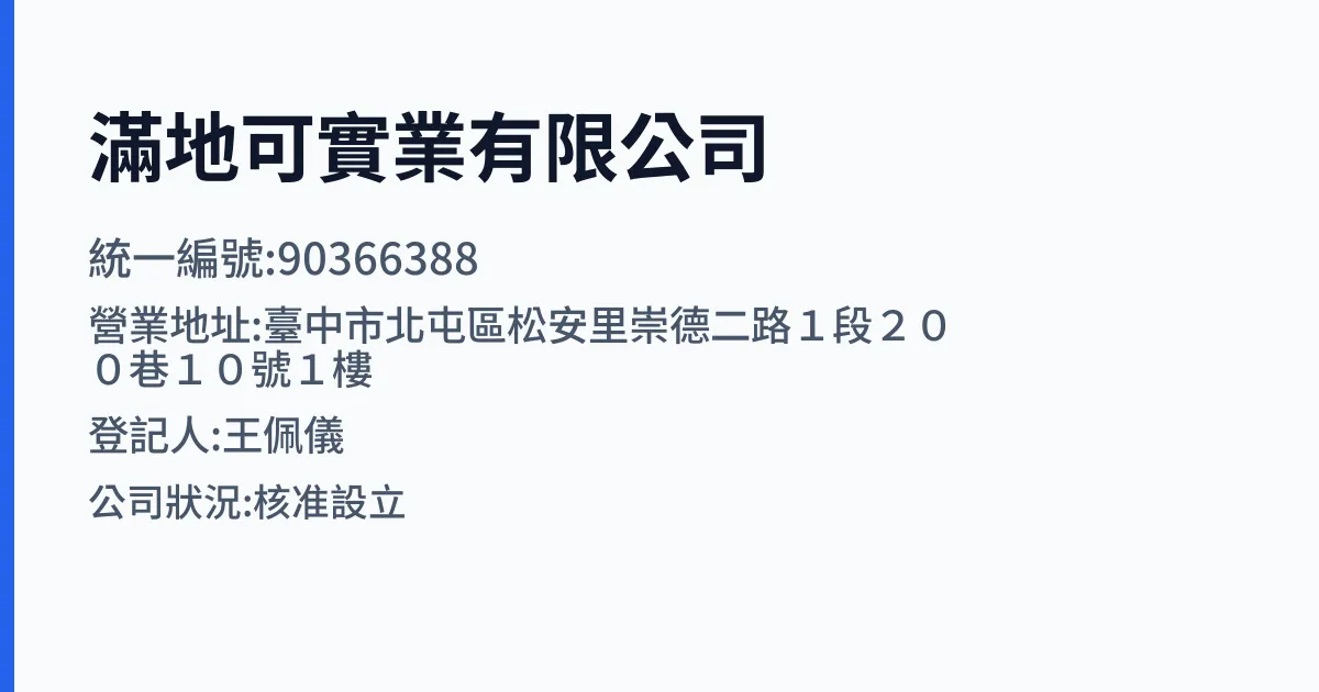 滿地可實業有限公司 - 統編 90366388(臺中市) 公司登記資料與營業項目詳細圖表