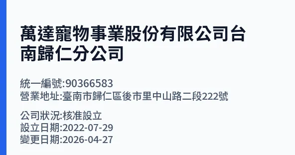 萬達寵物事業股份有限公司台南歸仁分公司的照片-統編 90366583(臺南市) 公司登記資料與營業項目詳細圖表