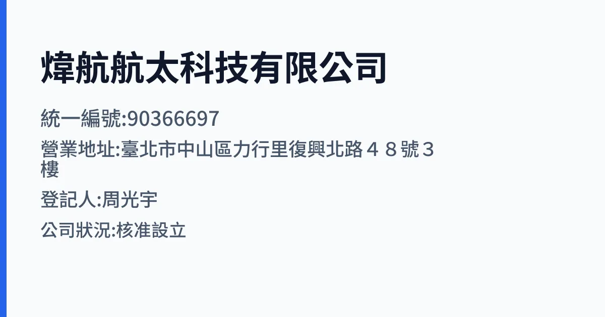 煒航航太科技有限公司 - 統編 90366697(臺北市) 公司登記資料與營業項目詳細圖表