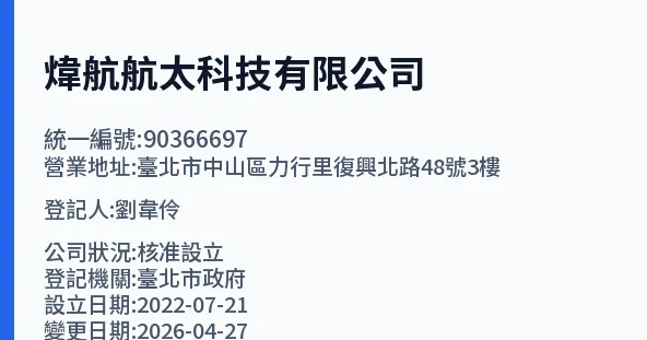 煒航航太科技有限公司的照片-統編 90366697(臺北市) 公司登記資料與營業項目詳細圖表