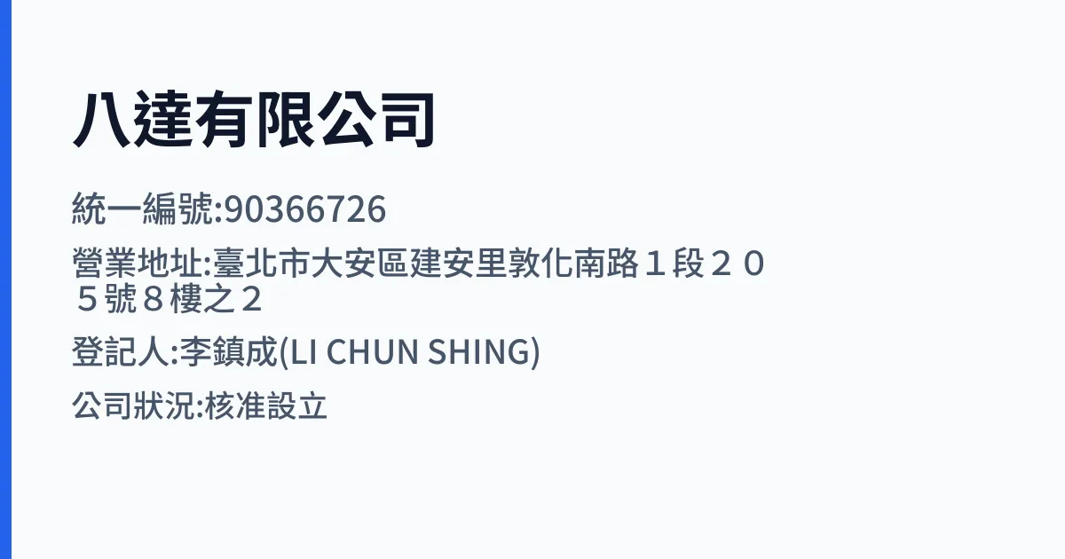 八達有限公司 - 統編 90366726(臺北市) 公司登記資料與營業項目詳細圖表