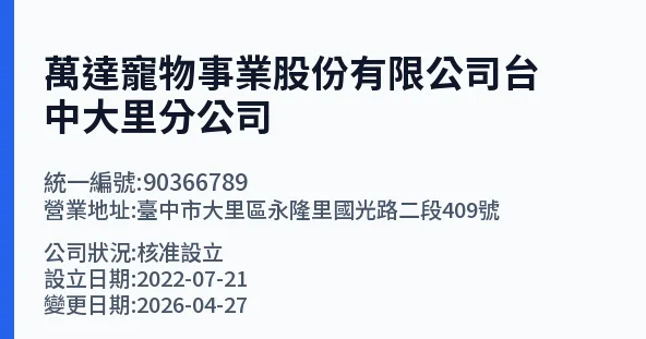萬達寵物事業股份有限公司台中大里分公司的照片-統編 90366789(臺中市) 公司登記資料與營業項目詳細圖表