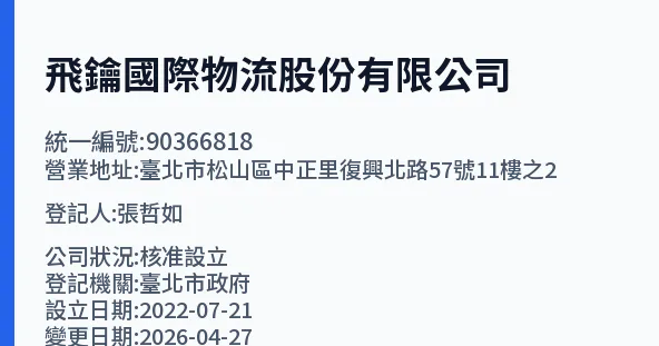 飛鑰國際物流股份有限公司的照片-統編 90366818(臺北市) 公司登記資料與營業項目詳細圖表