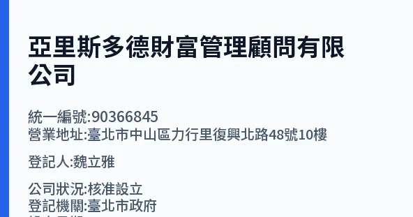 亞里斯多德財富管理顧問有限公司的照片-統編 90366845(臺北市) 公司登記資料與營業項目詳細圖表