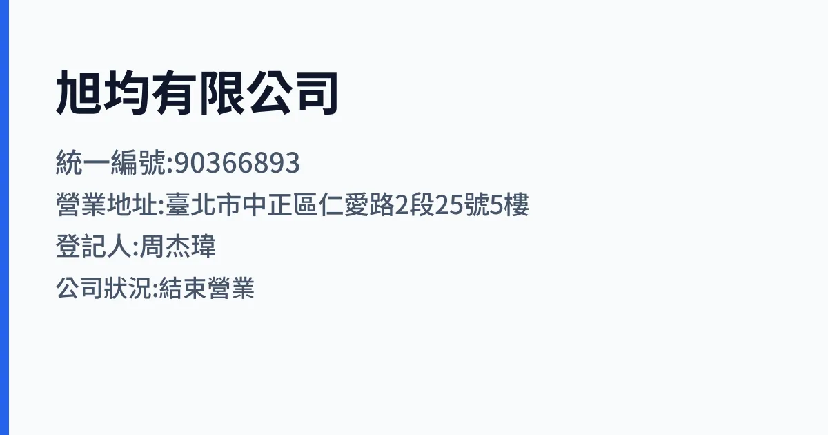旭均有限公司 - 統編 90366893(臺北市) 公司登記資料與營業項目詳細圖表