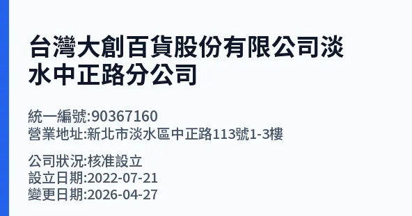 台灣大創百貨股份有限公司淡水中正路分公司的照片-統編 90367160(新北市) 公司登記資料與營業項目詳細圖表