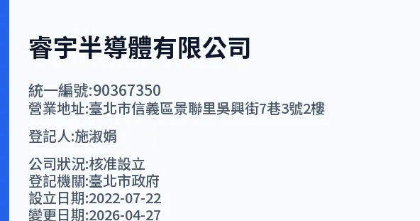 睿宇半導體有限公司的照片-統編 90367350(臺北市) 公司登記資料與營業項目詳細圖表
