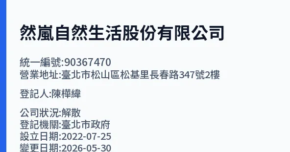 然嵐自然生活股份有限公司的照片-統編 90367470(臺北市) 公司登記資料與營業項目詳細圖表