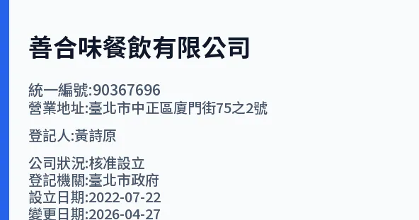善合味餐飲有限公司的照片-統編 90367696(臺北市) 公司登記資料與營業項目詳細圖表